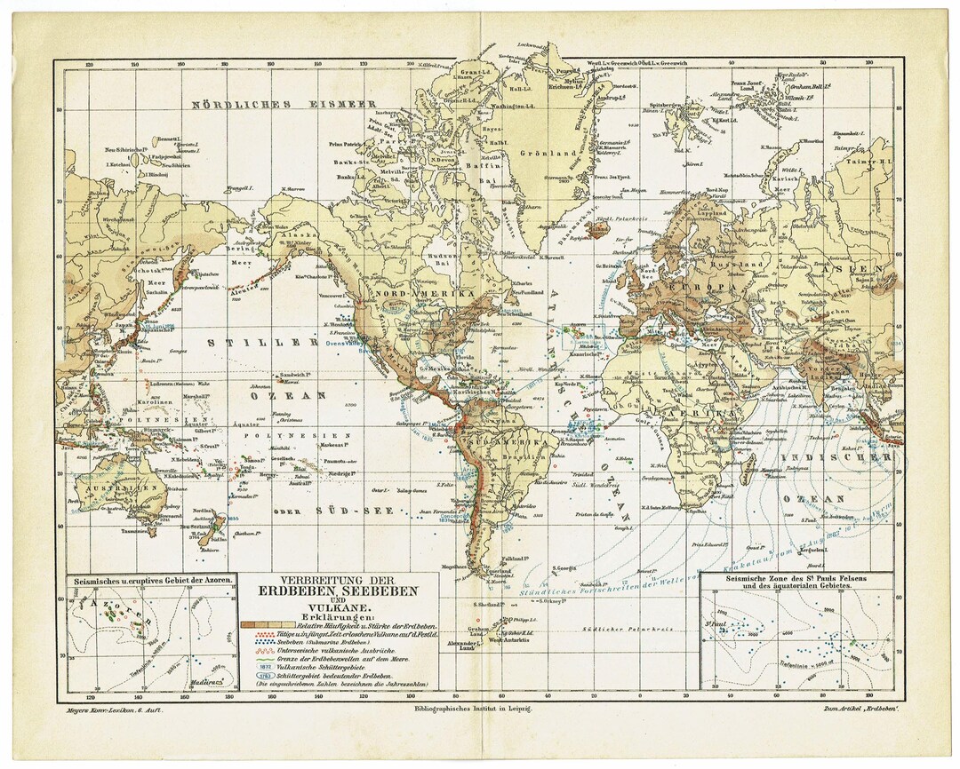 1903 Antique World Map of Earthquakes and Volcanoes Vintage Geophysics ...