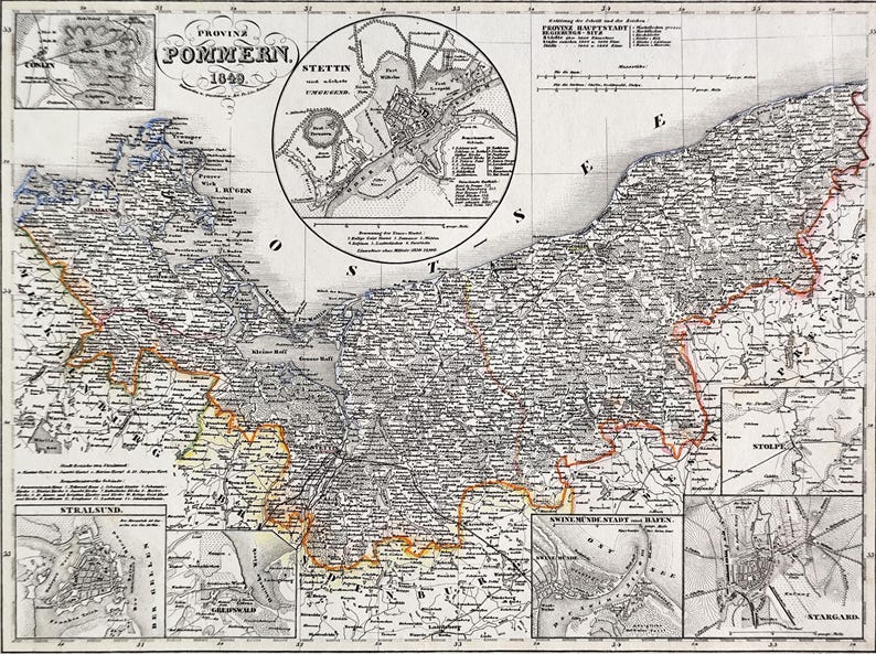 1849 GERMANY Antique Map of Pomerania Original Antique Print Stettin ...