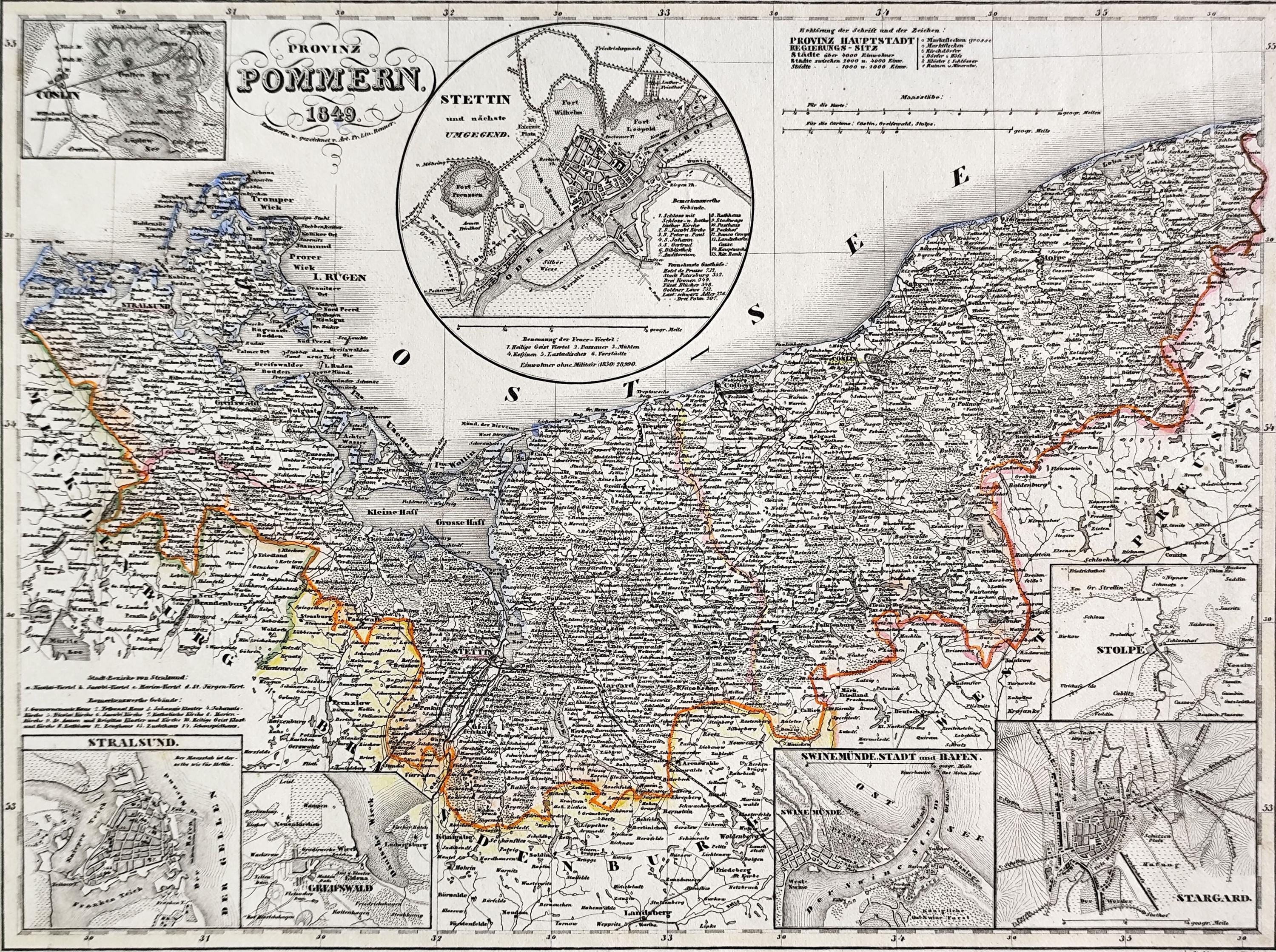 1849 GERMANY Antique Map of Pomerania Original Antique Print Stettin ...