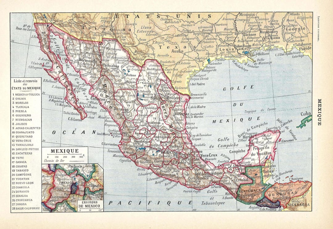 1922 MEXICO Original Antique Print Vintage Map of Mexico Map Larousse ...
