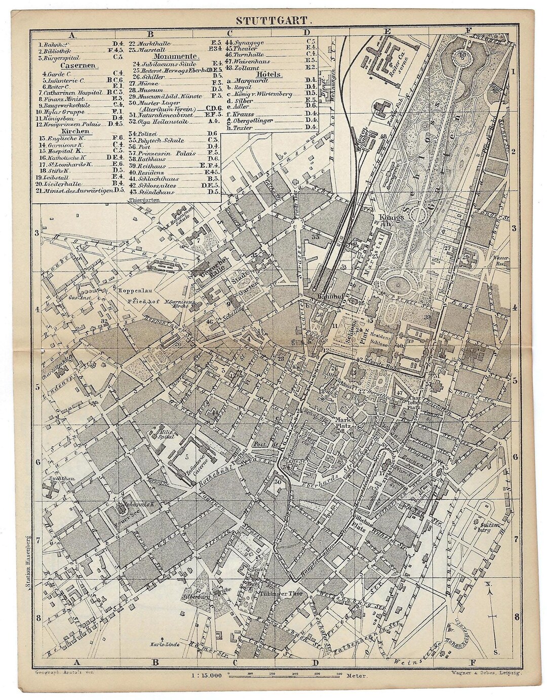 1883 STUTTGART Antique City Map Vintage German Map Germany Wall Art Map ...