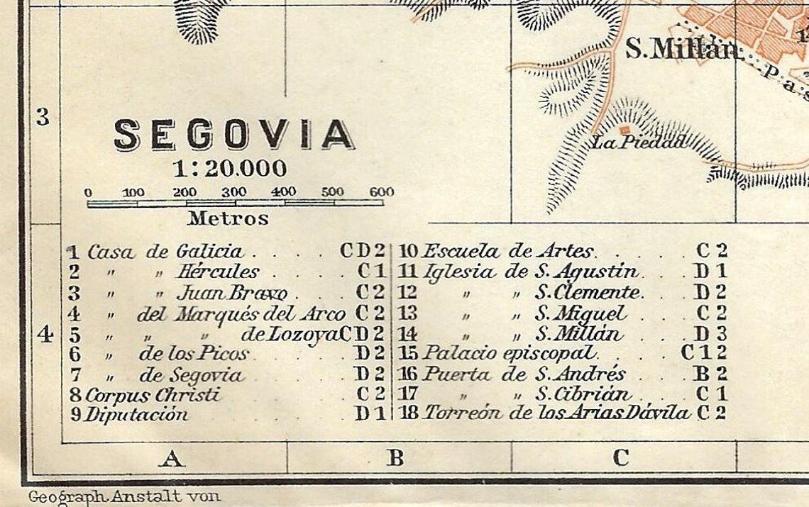 1913 SEGOVIA SPAIN Antique City Map Vintage Map Spanish City Town Map ...