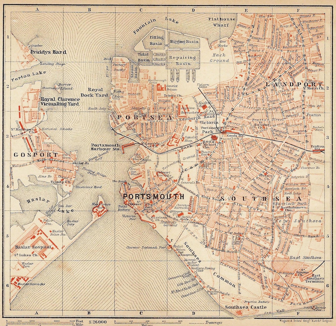 1897 PORTSMOUTH Antique City Map Original Portsea Landport and Southsea ...