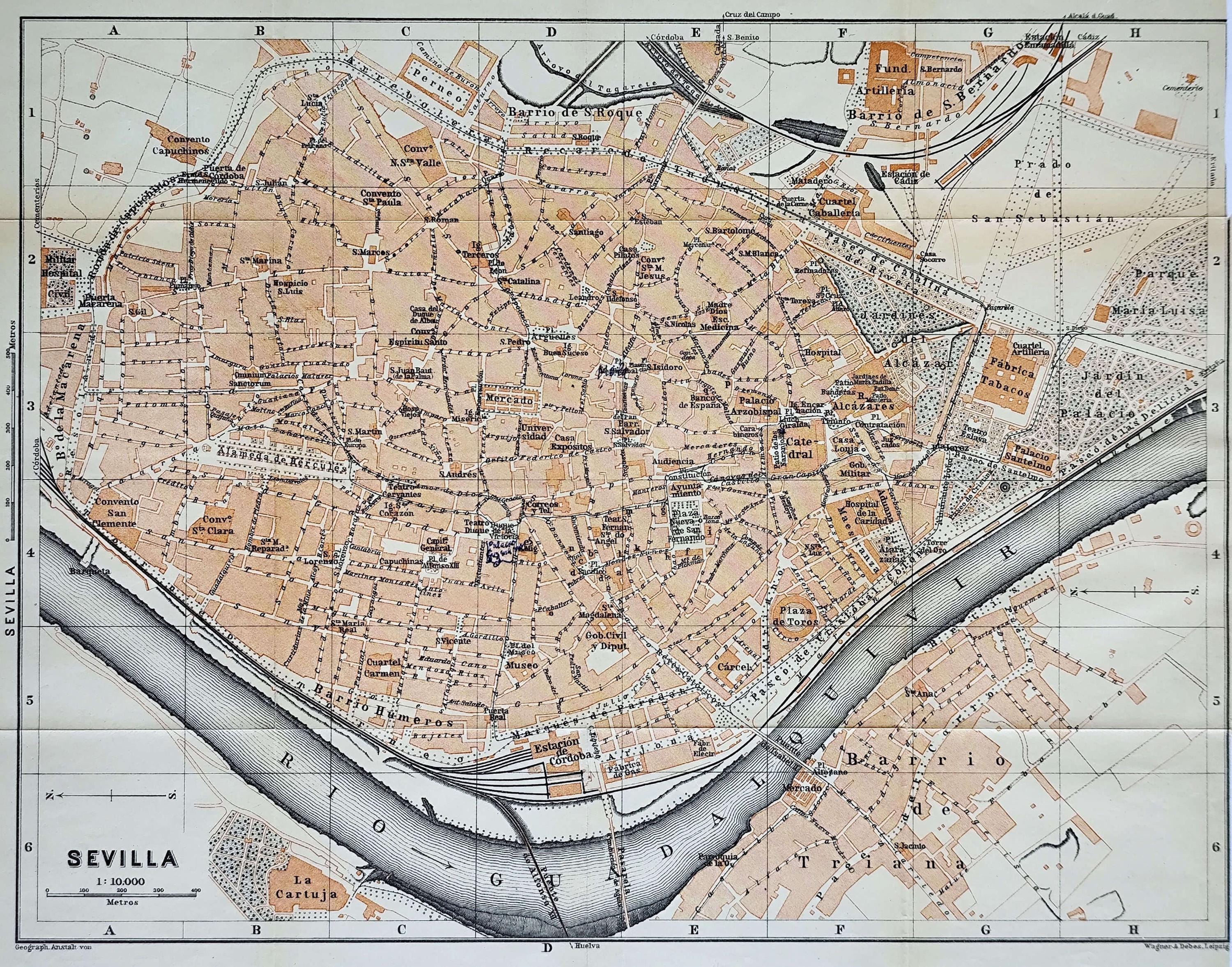 1913 SEVILLE, Sevilla, Spain Antique City MAP. Vintage Travel Guide ...