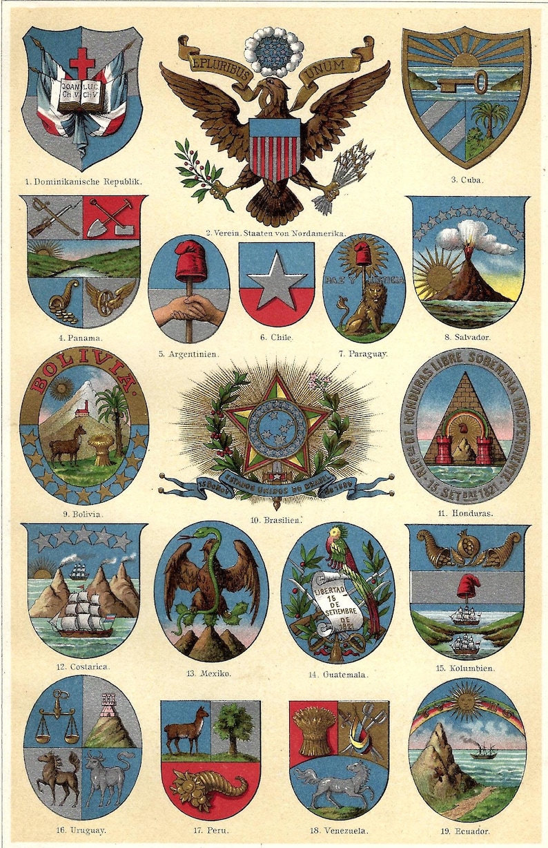1903 Coats of Arms Print American Countries Escutcheons Antique Print ...