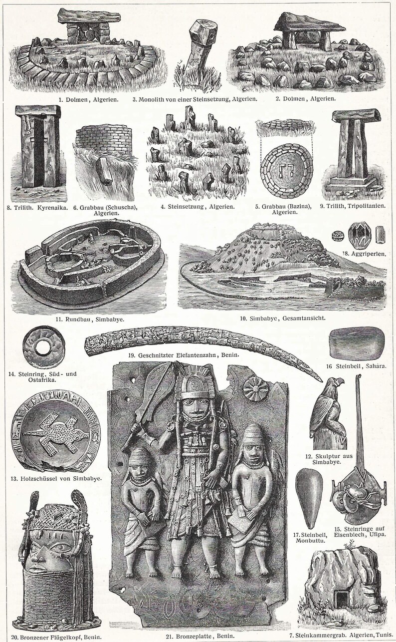 1903 Vintage Archaeology Print African Tools Dolmen Funerary Utensils ...