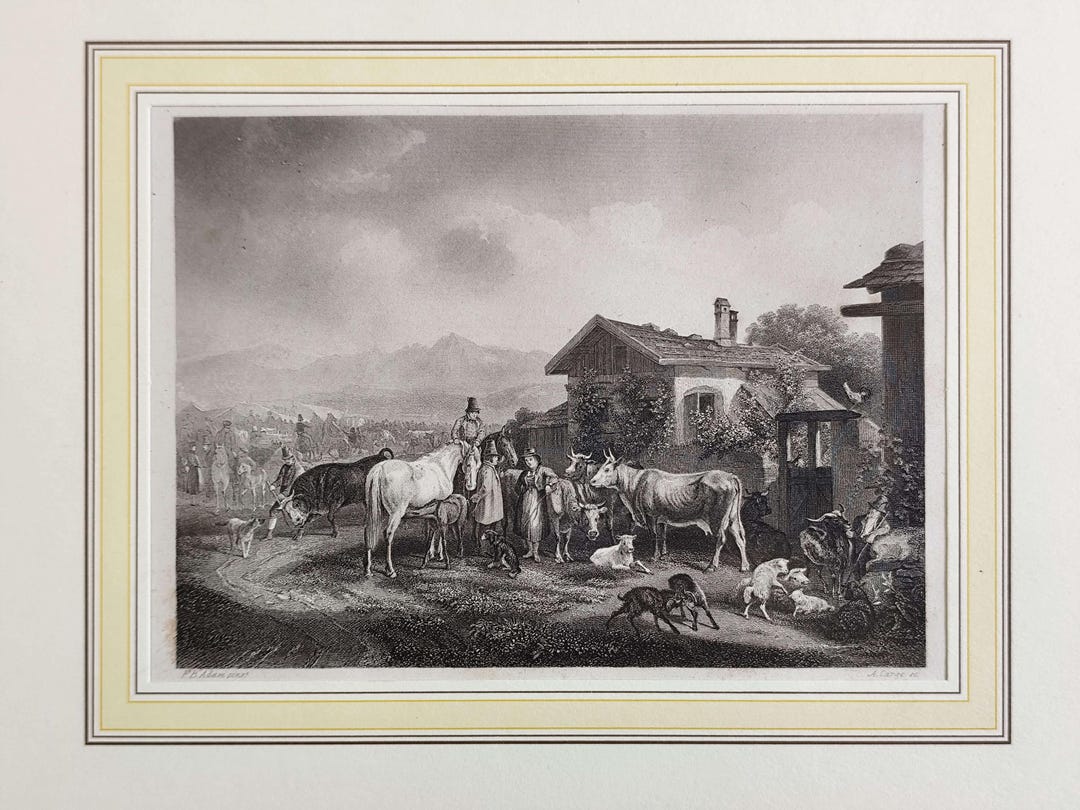 1850 Antique Cattle Market Scene Country Farm Animals Cows Oxen Rustic ...