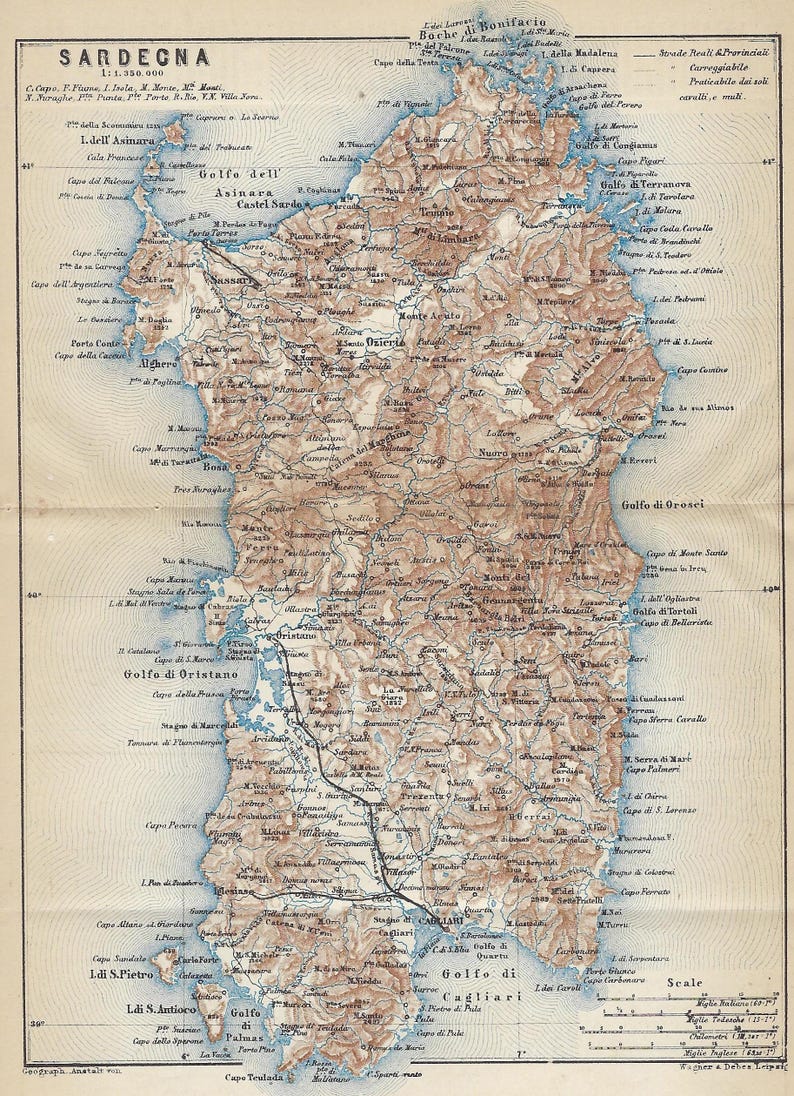 1875 SARDINIA Antique Map Original Island Map Vintage Italy Wall Art ...