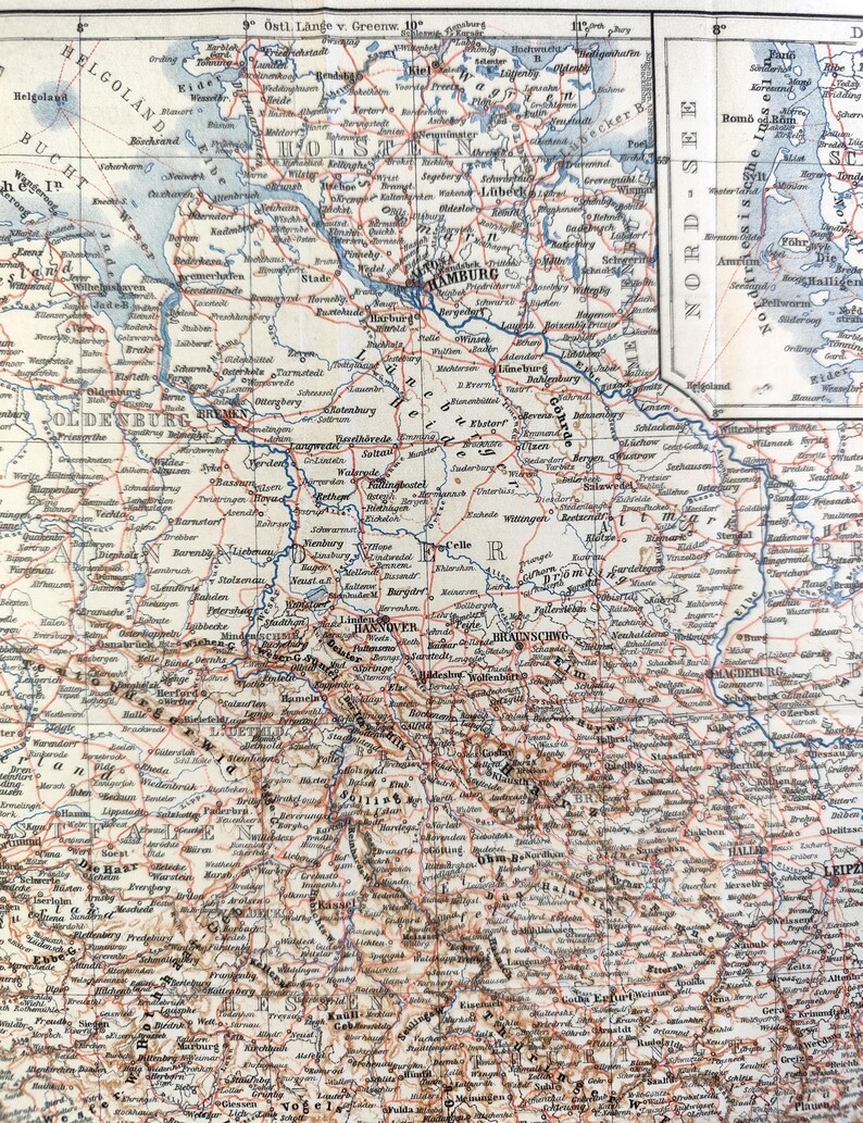 1904 RAILWAY MAP of North Western GERMANY Antique Map Vintage German ...