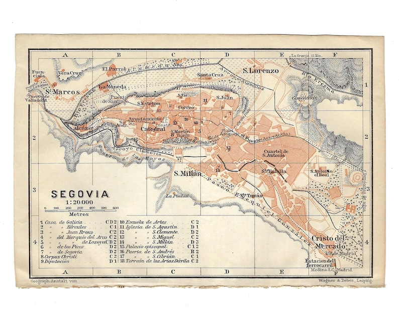 1913 SEGOVIA SPAIN Antique City Map Vintage Map Spanish City Town Map ...