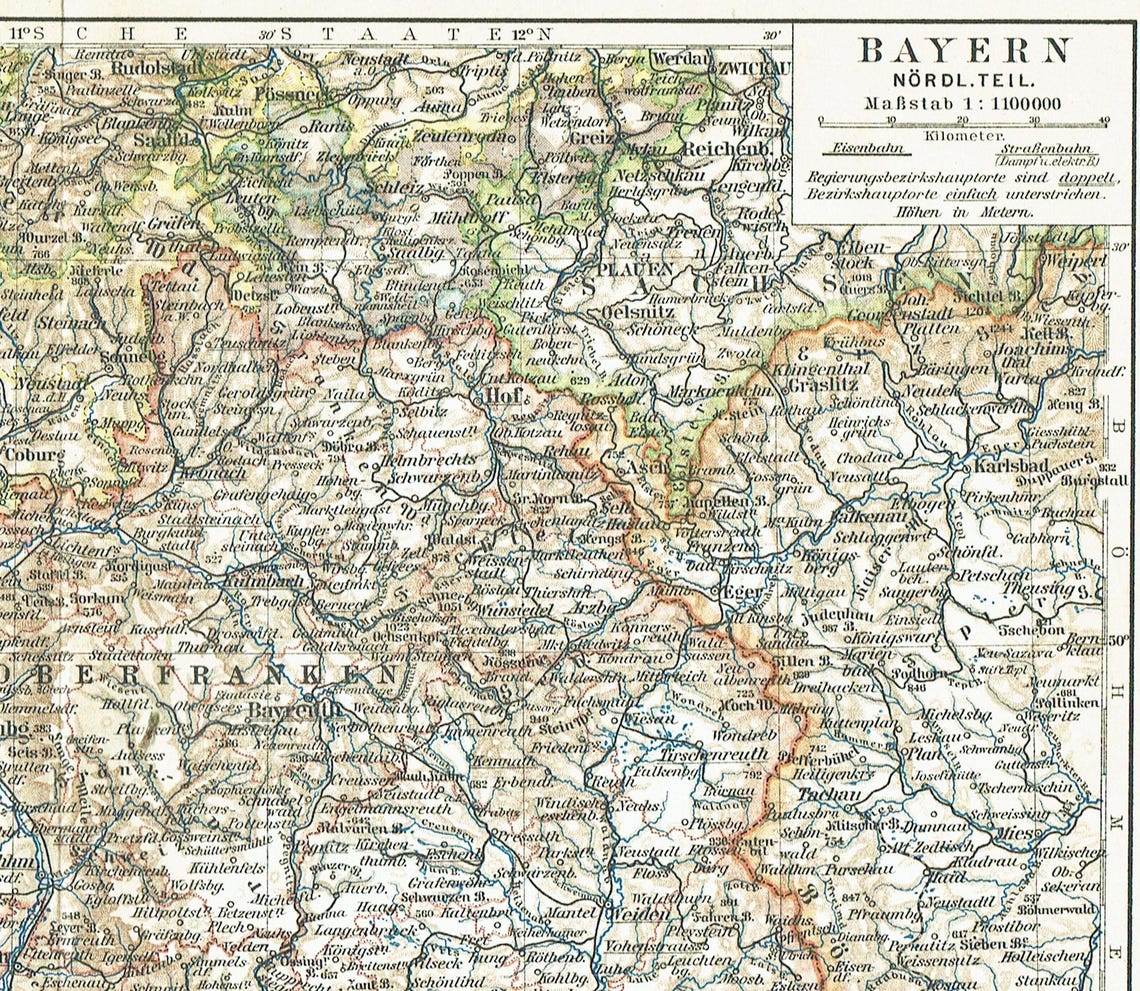 1903 Antique Map of Bavaria Vintage Map Germany Antique Print Wall Art ...