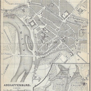 1883 Vintage ASCHAFFENBURG City Map Antique German Map Aschaffenburg ...