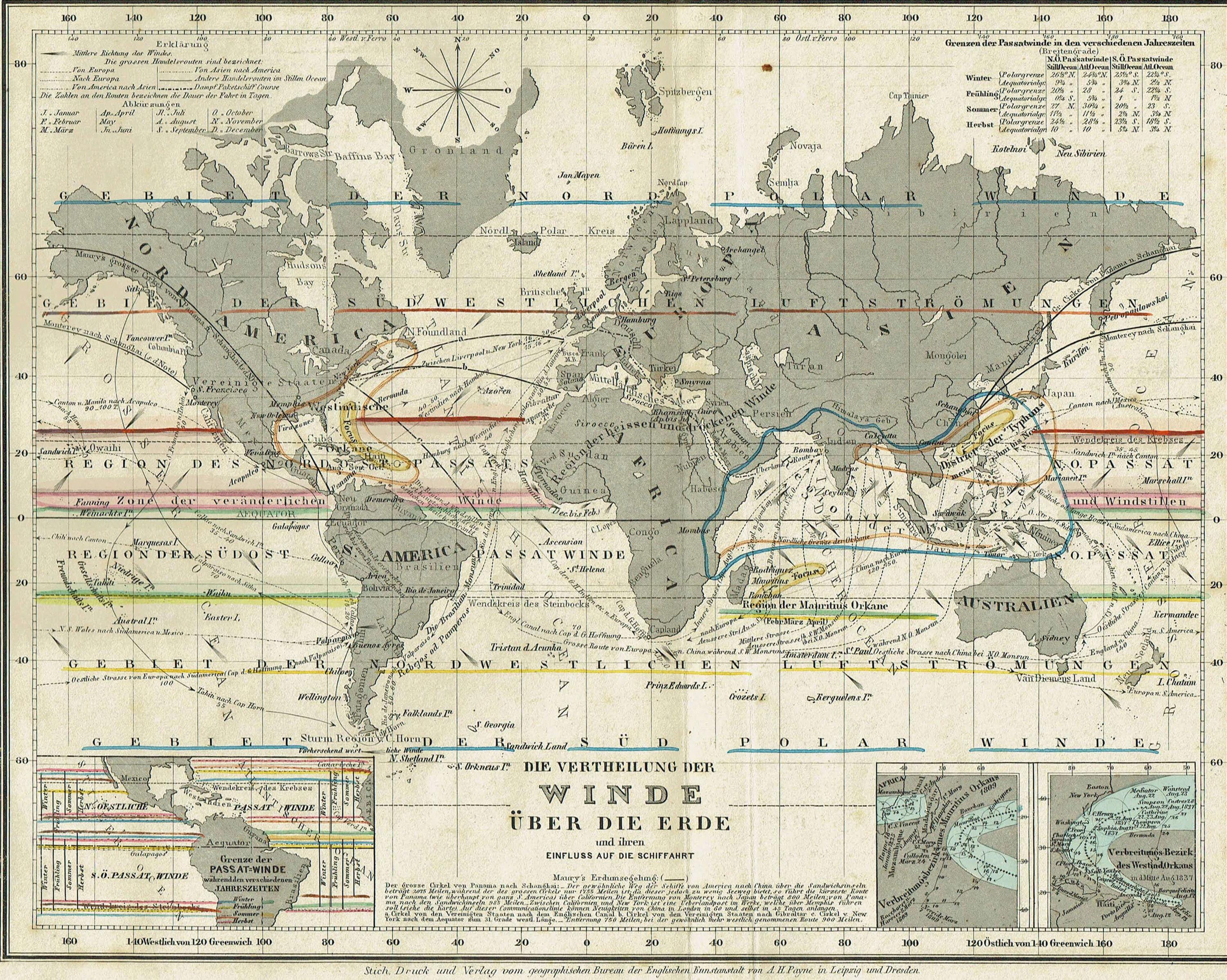 1860 EARTH WIND MAP. Antique World Map. Original 19th Century ...