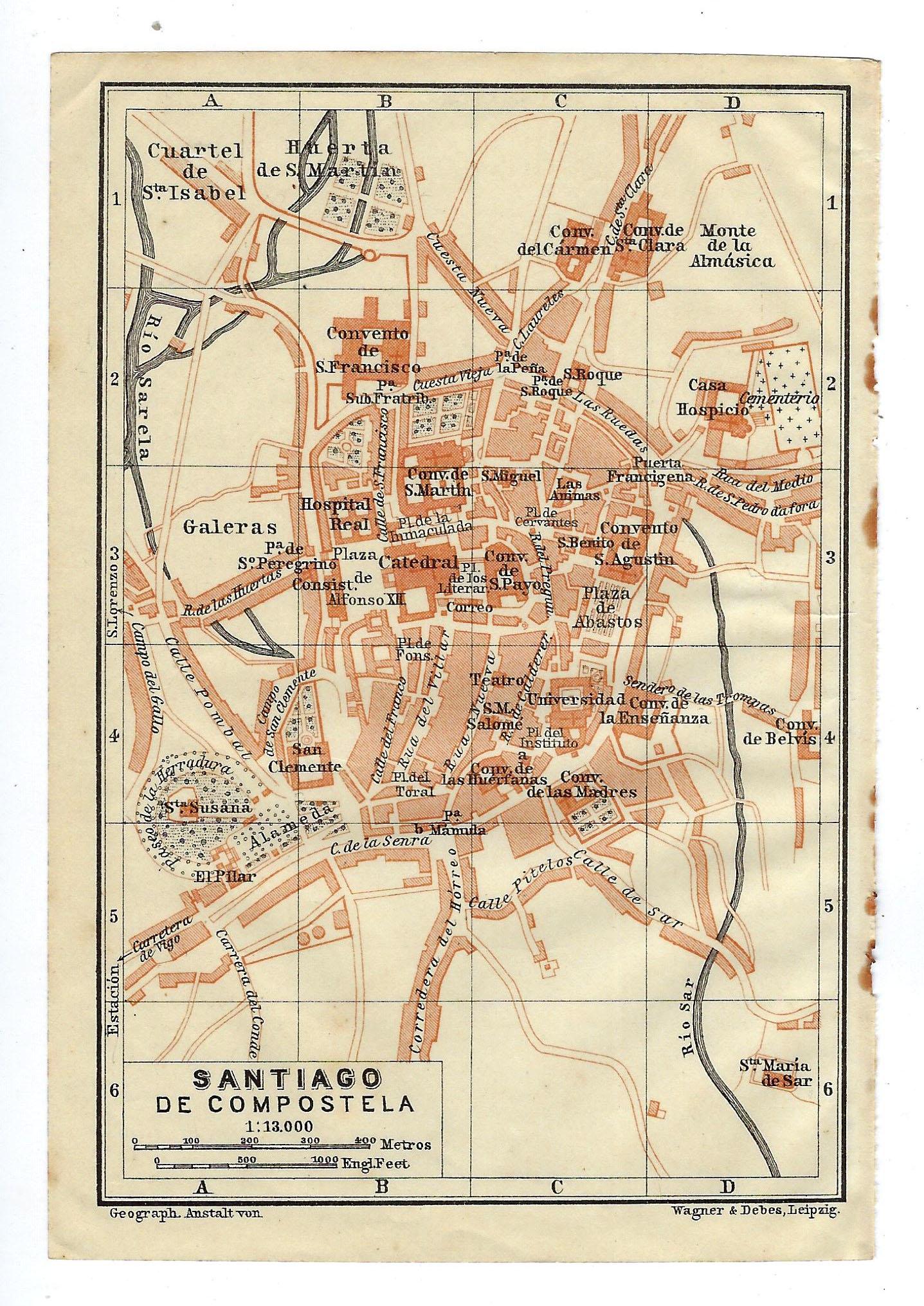 1913 Vintage SANTIAGO of COMPOSTELA City Map Spain Antique Map Vintage ...