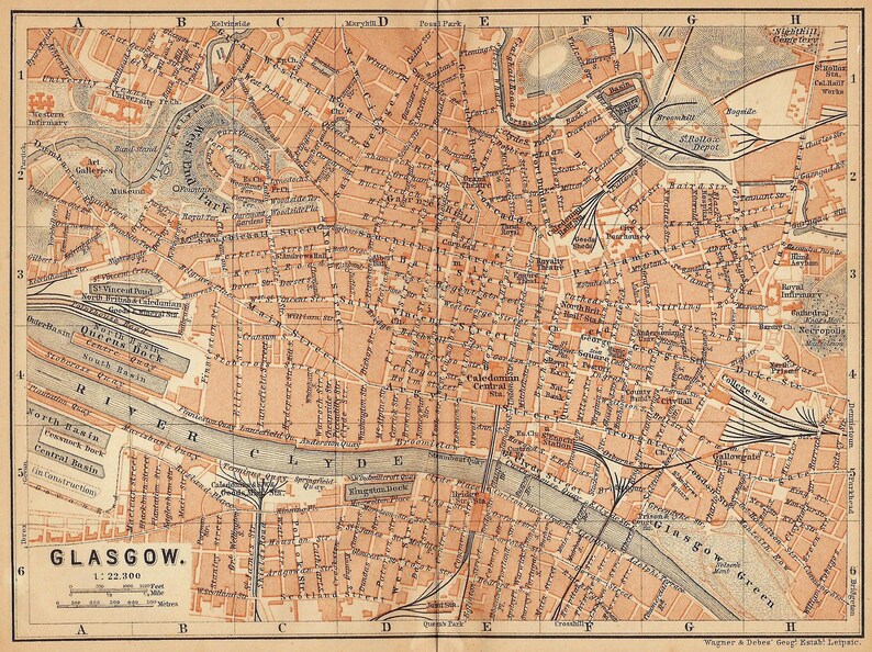 1897 Glasgow Antique City Map Street Map of Glasgow Scotland's City ...