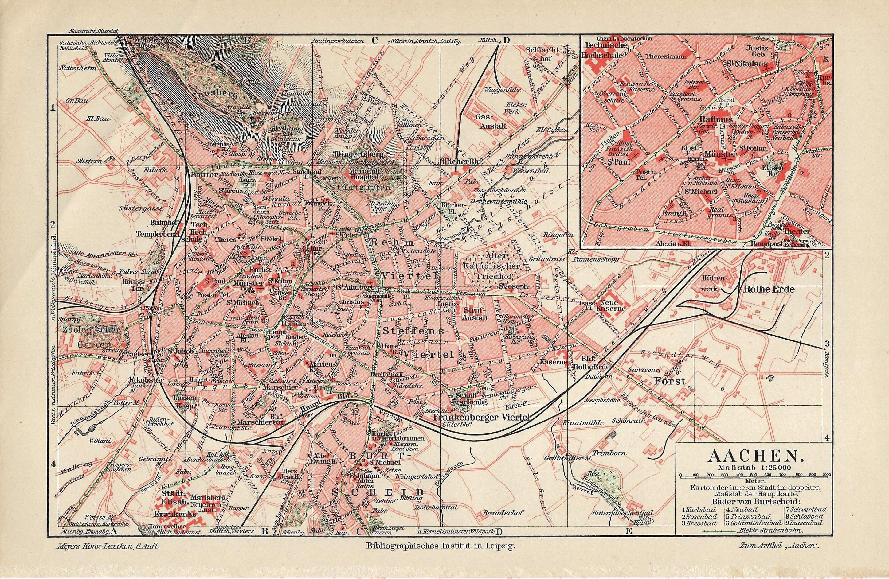 1903 AACHEN City Map Vintage Germany City Plan Antique Street Map 19th ...