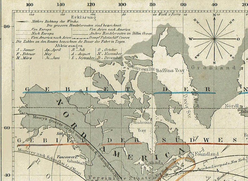 1860 EARTH WIND MAP. Antique World Map. Original 19th Century ...
