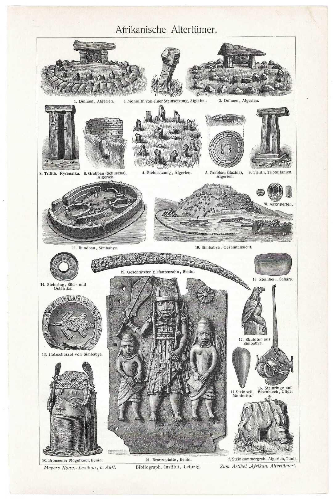 1903 Vintage Archaeology Print African Tools Dolmen Funerary Utensils ...