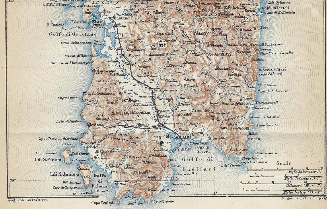 1875 SARDINIA Antique Map Original Island Map Vintage Italy Wall Art ...