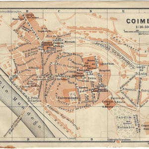 1913 COIMBRA, PORTUGAL Antique City Map Vintage Map Portuguese Town Map ...