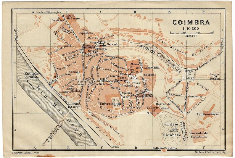 1913 COIMBRA, PORTUGAL Antique City Map Vintage Map Portuguese Town Map ...