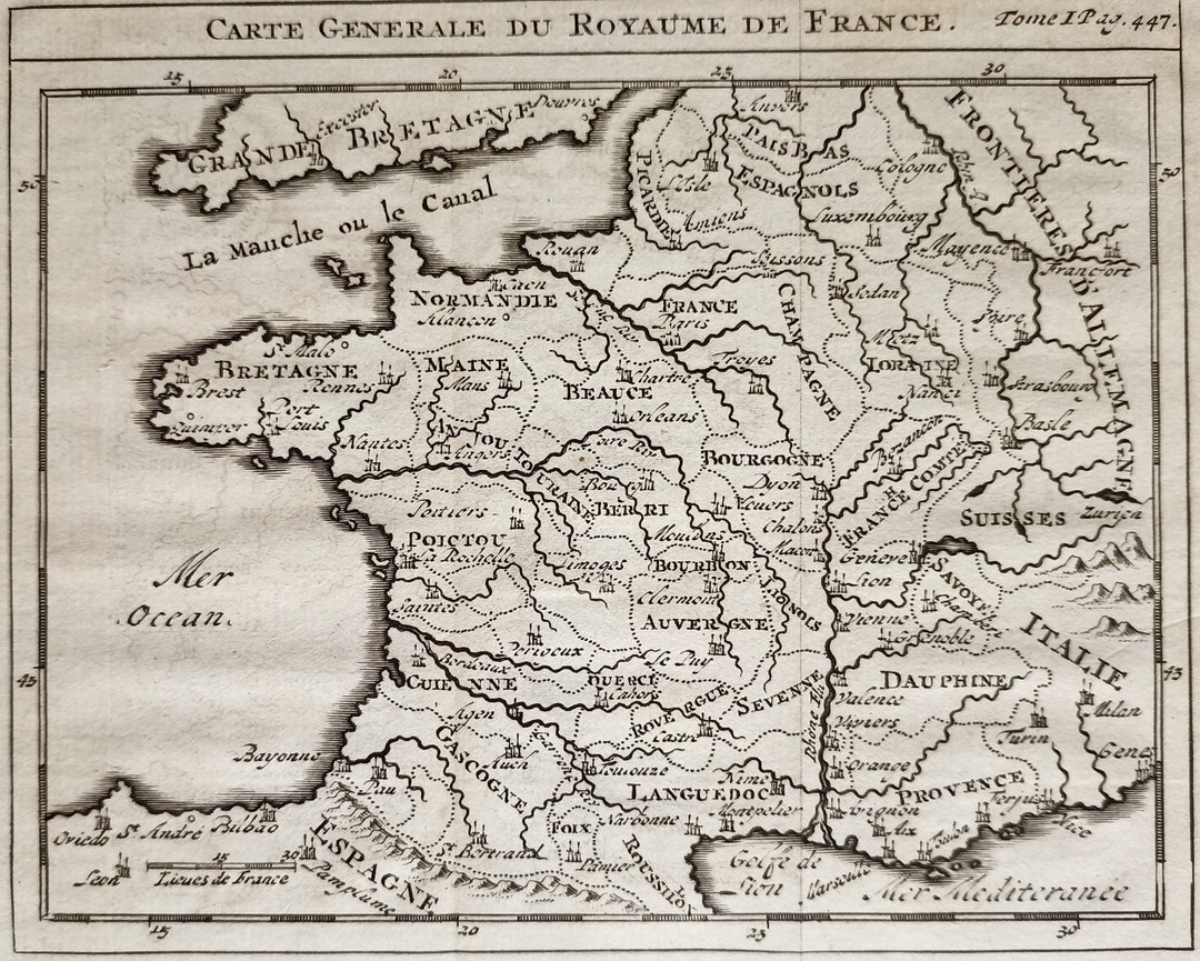 1743 FRANCE Antique Map. 18th Century Original Map. Antique Cooperplate ...