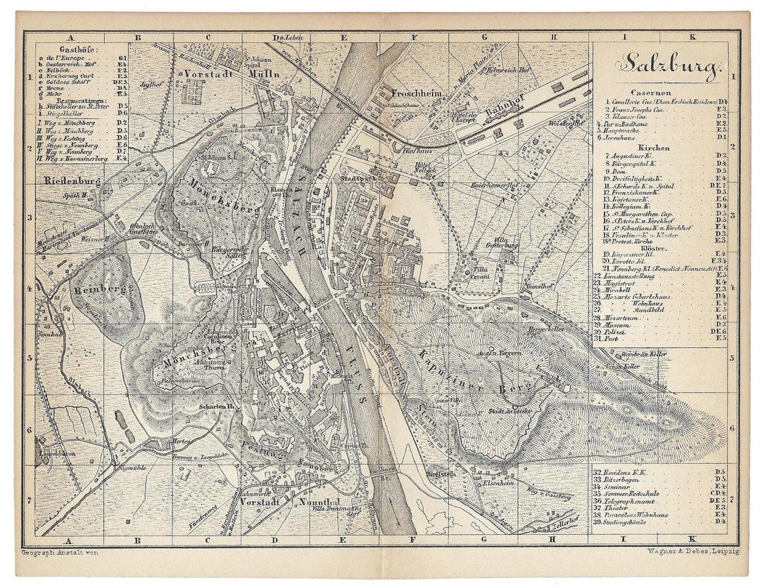 1883 SALZBURG Antique City Map Vintage Austrian Map Wall Art Austria ...