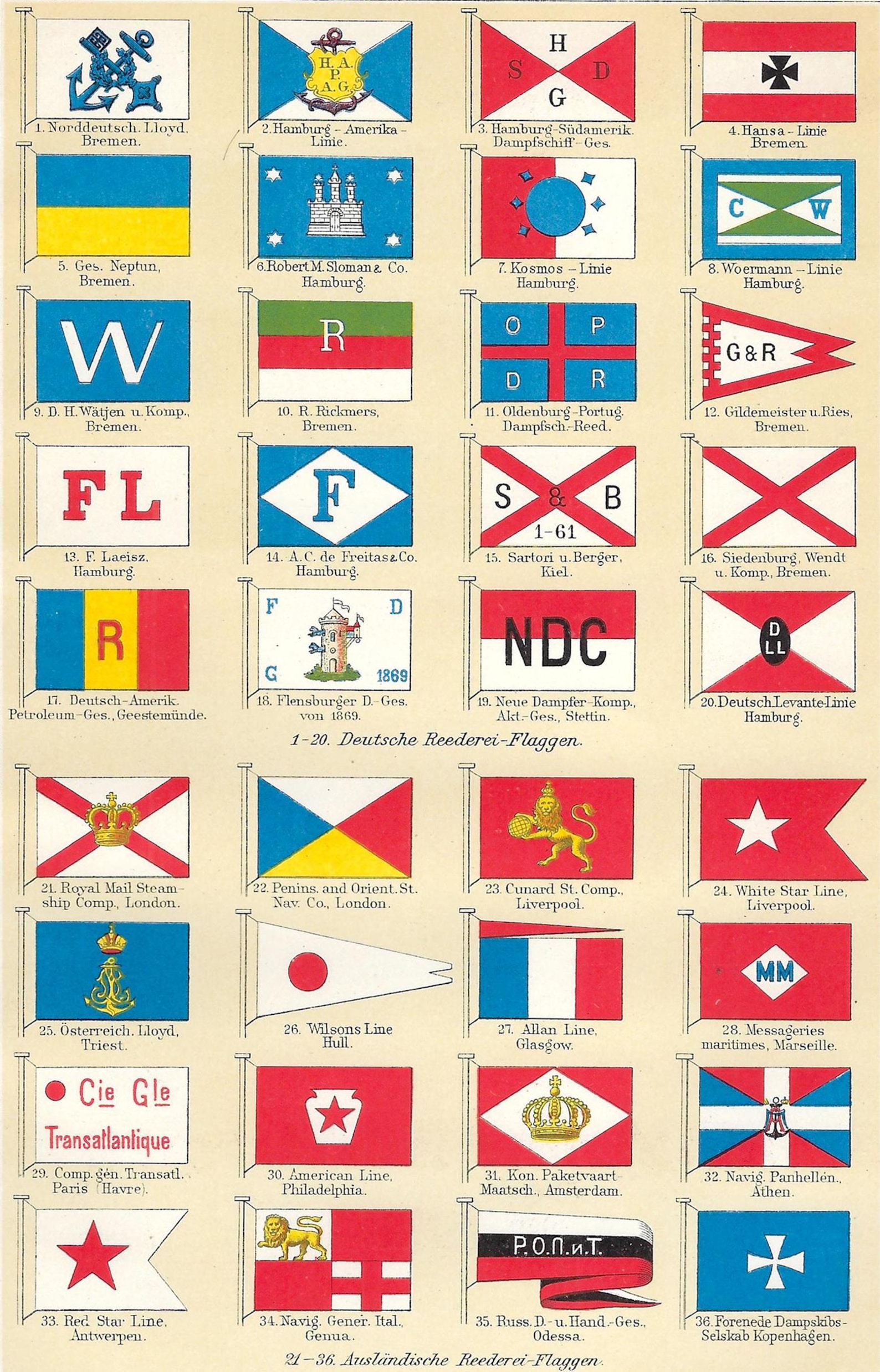 1903 Nautical FLAGS Print Antique Shipping Companies Flags Nautical ...