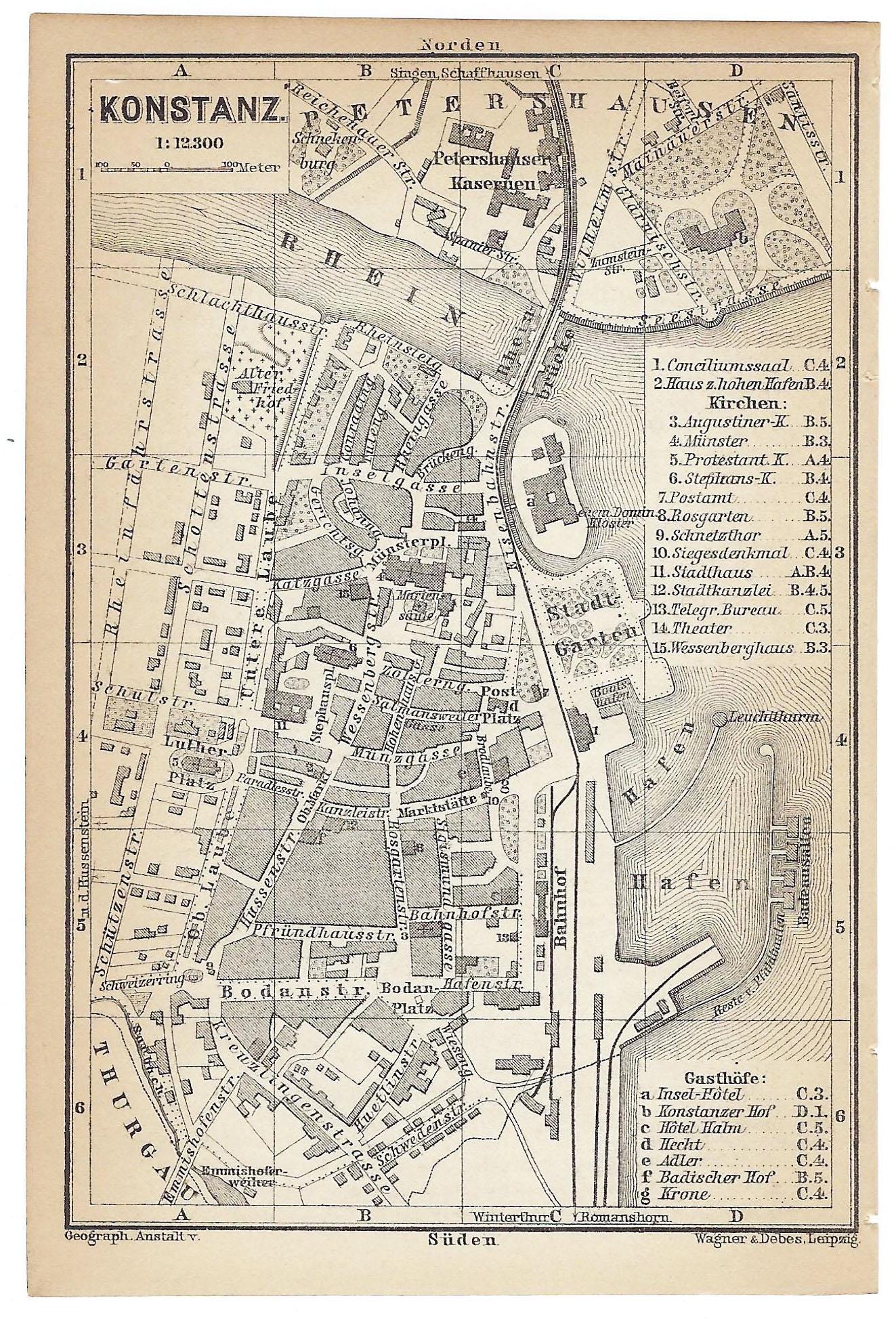 1883 Constance Antique City Map Vintage German Map Germany Wall Art Map ...