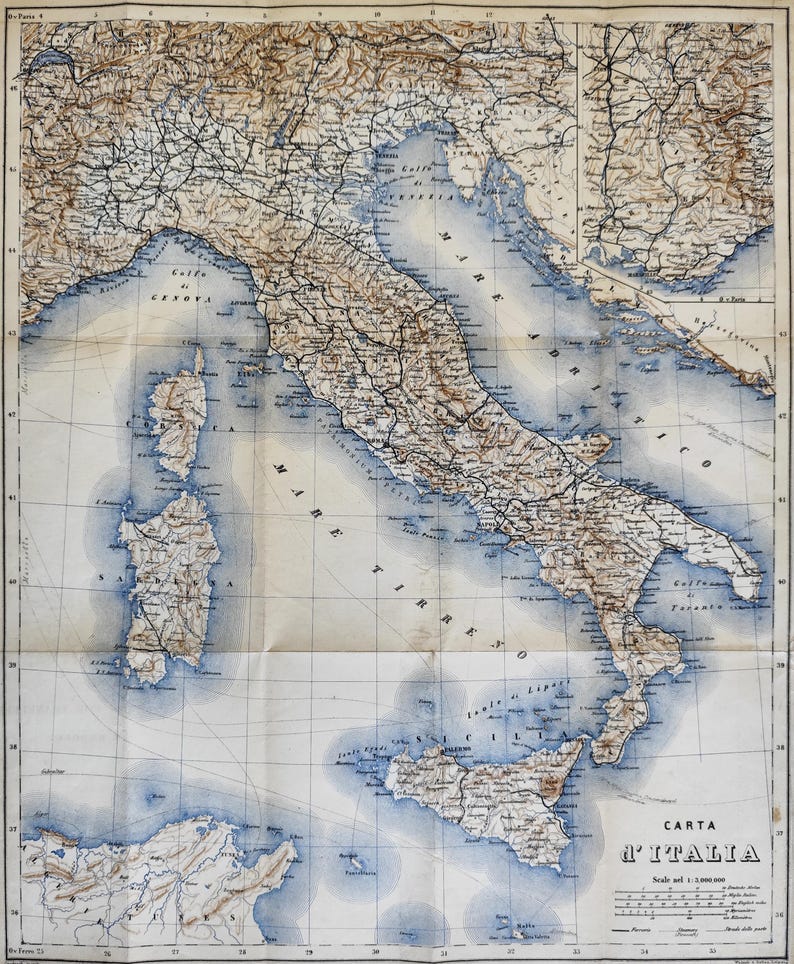 1875 ITALY Antique Map Vintage Italy Map Wall Art Original Italian Map ...
