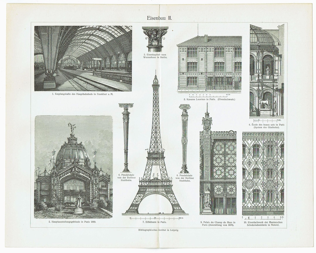 1903 Eiffel Tower Antique Lithograph, Paris Expo 1889 Architecture ...
