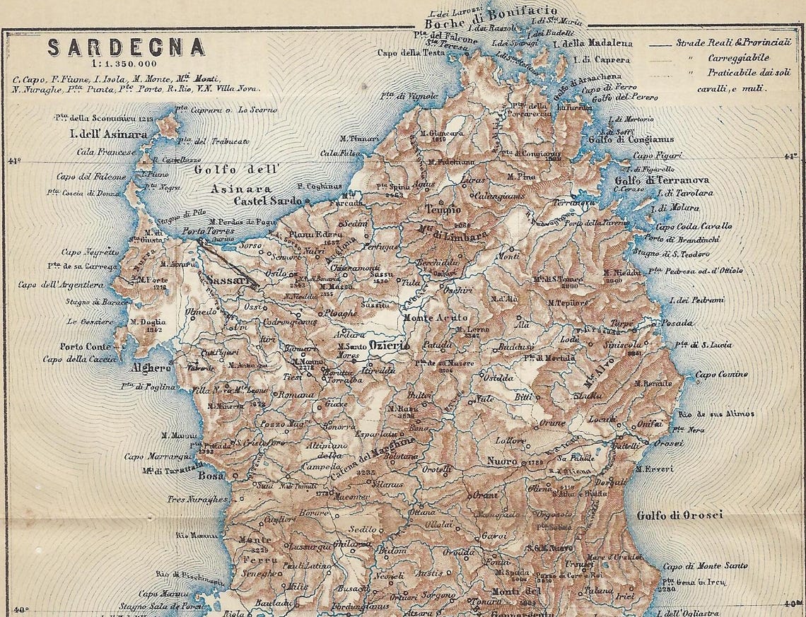 1875 SARDINIA Antique Map Original Island Map Vintage Italy Wall Art ...