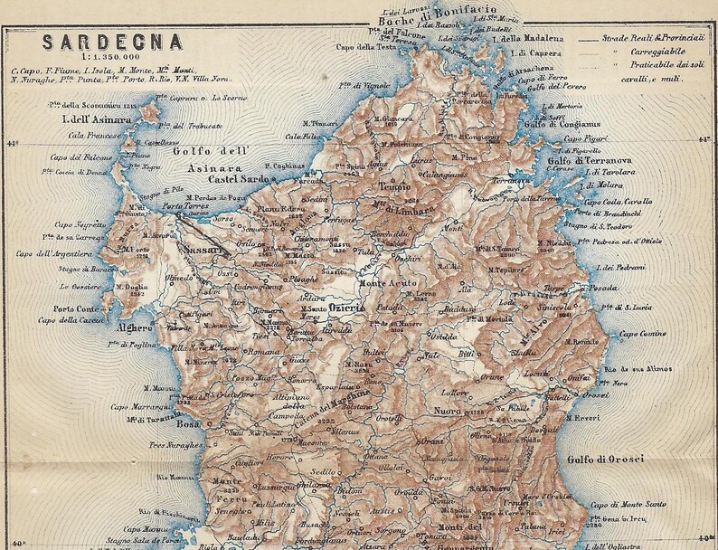 1875 SARDINIA Antique Map Original Island Map Vintage Italy Wall Art ...