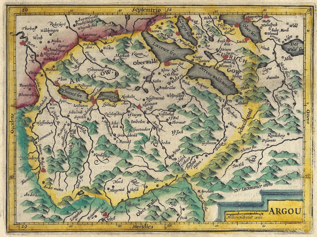 1607 AARGAU ARGOU, Switzerland Antique Citymap. Antique 17th Century ...