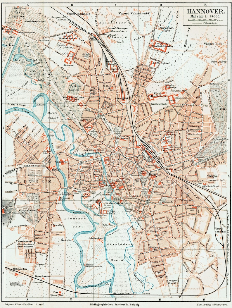 1893 Germany HANNOVER Antique City Map Vintage City Print 19th Century ...
