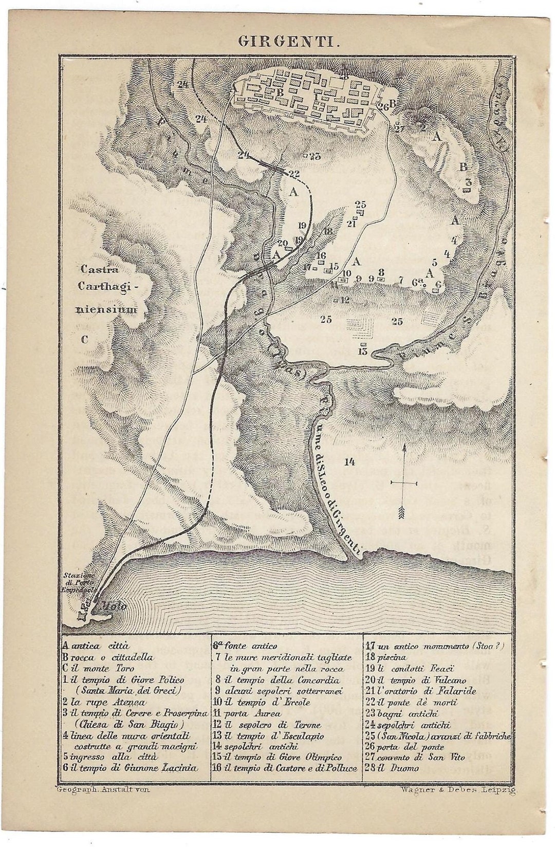 1875 AGRIGENTO Antique Map Sicily Italy Vintage Map Italian Wall Art ...