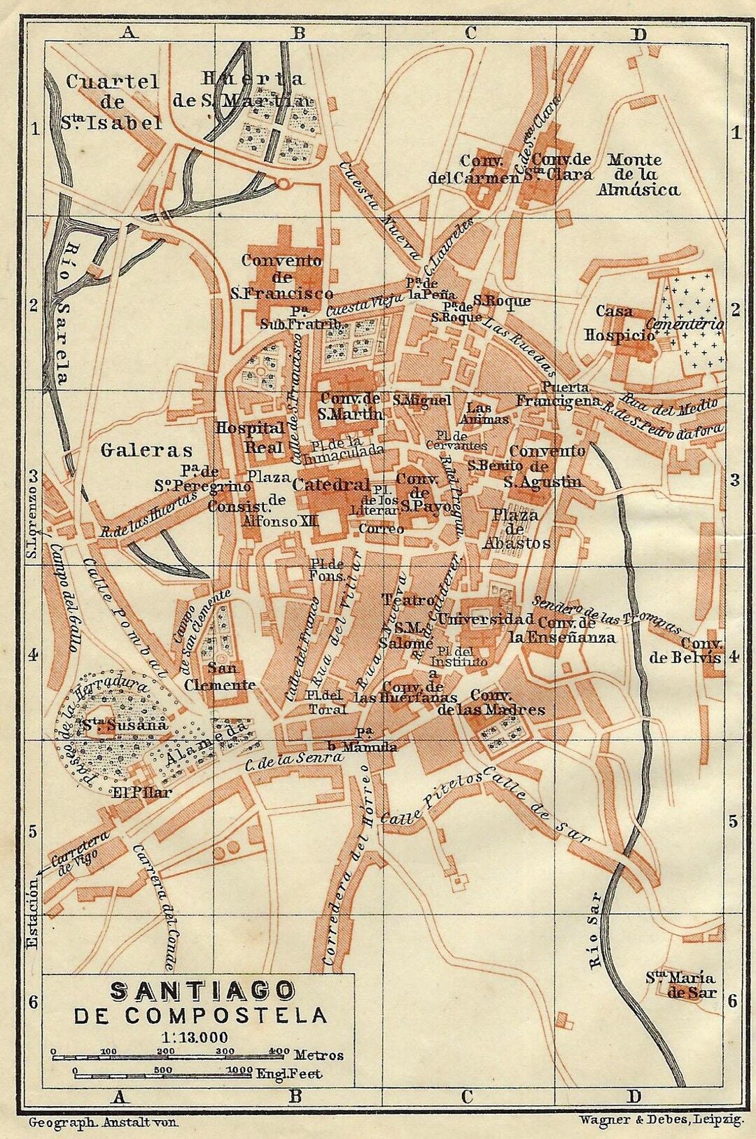 1913 SANTIAGO of COMPOSTELA SPAIN Antique Map Vintage City Map Spanish ...