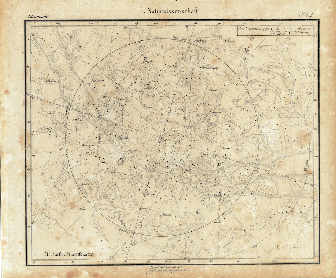 1828 ASTRONOMY, Celestial Map and Its Constellations German Lithograph ...
