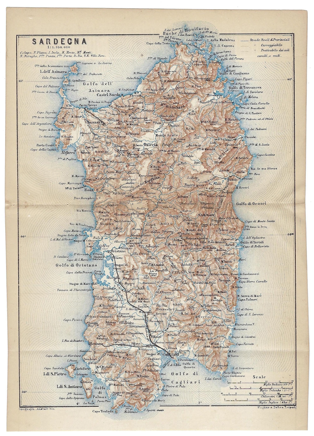 1875 SARDINIA Antique Map Original Island Map Vintage Italy Wall Art ...