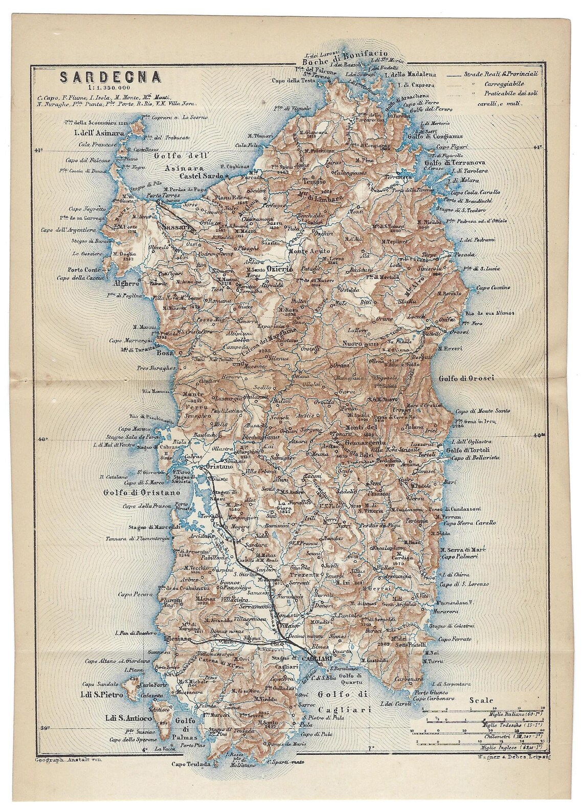 1875 SARDINIA Antique Map Original Island Map Vintage Italy Wall Art ...