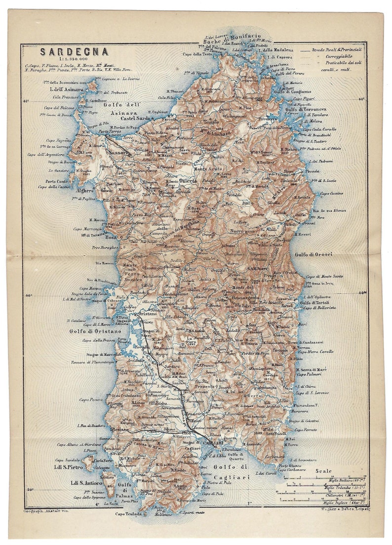 1875 SARDINIA Antique Map Original Island Map Vintage Italy Wall Art ...