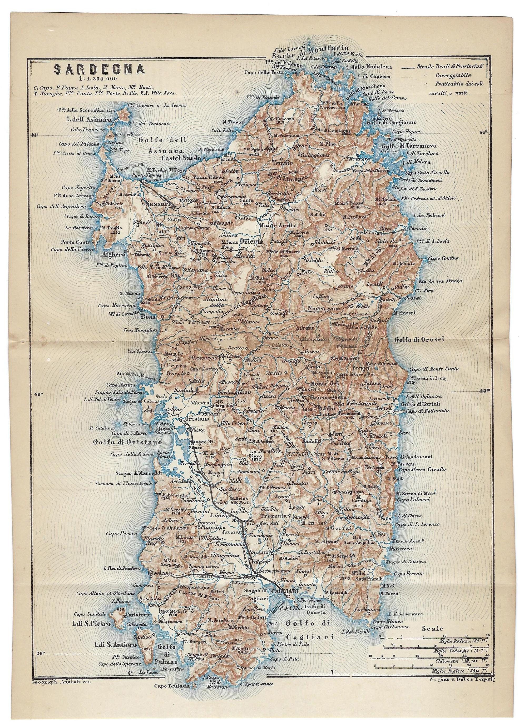 1875 SARDINIA Antique Map Original Island Map Vintage Italy Wall Art ...