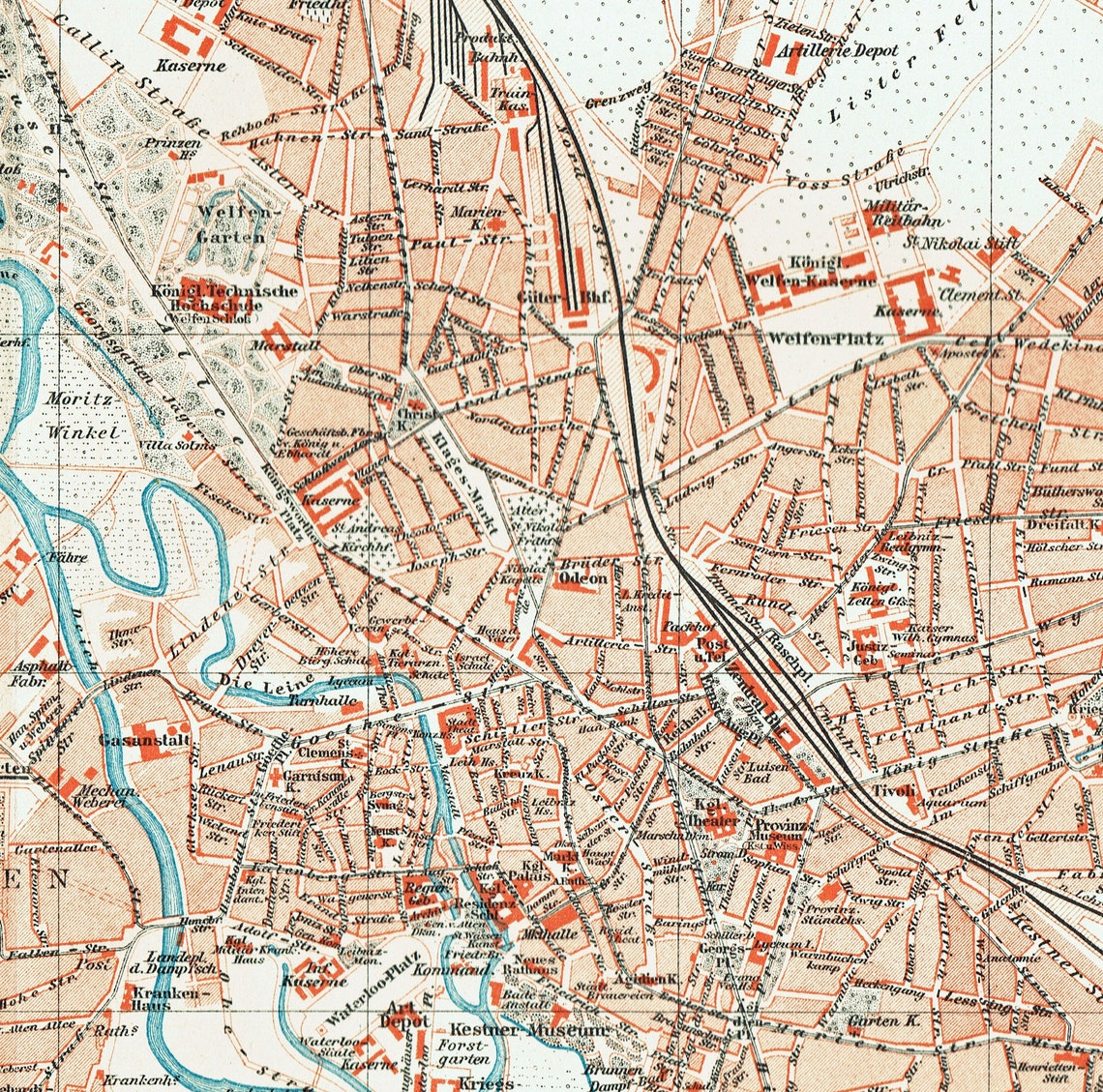 1893 Germany HANNOVER Antique City Map Vintage City Print 19th Century ...