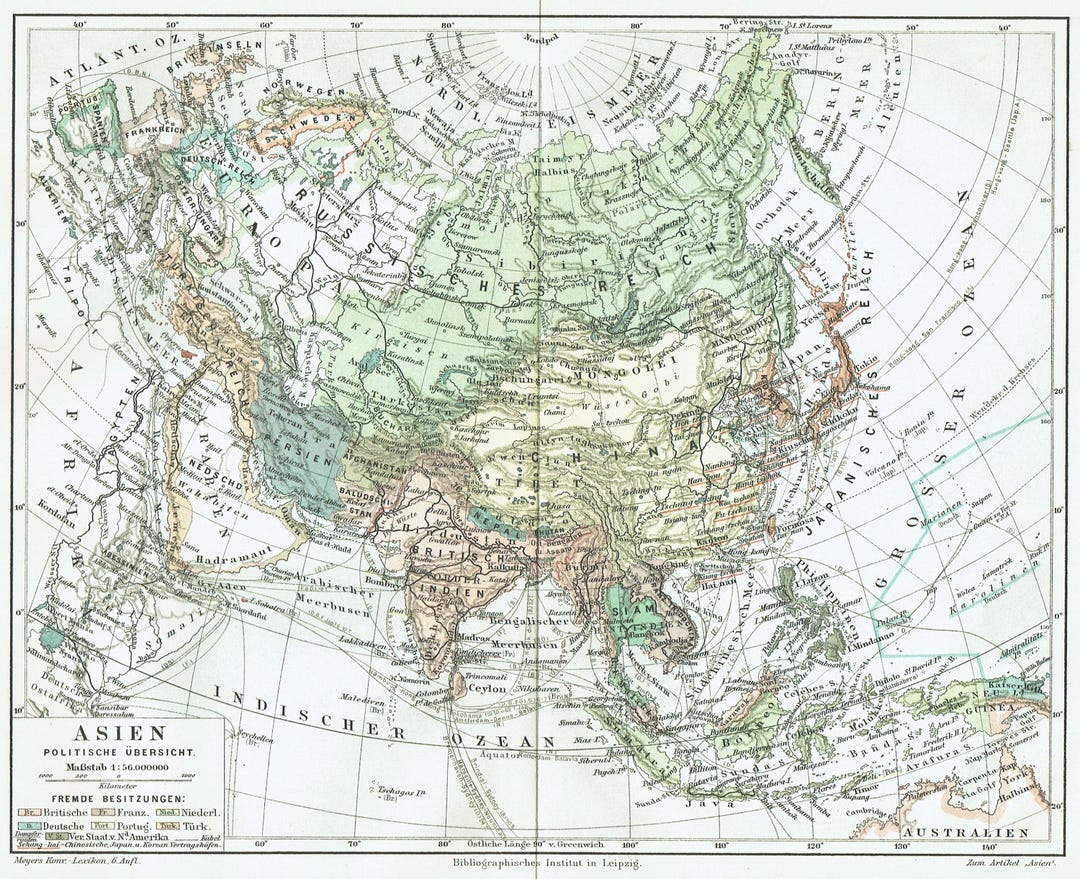 1903 Antique Map of ASIA Vintage Asia Map Antique Political Asian Map ...