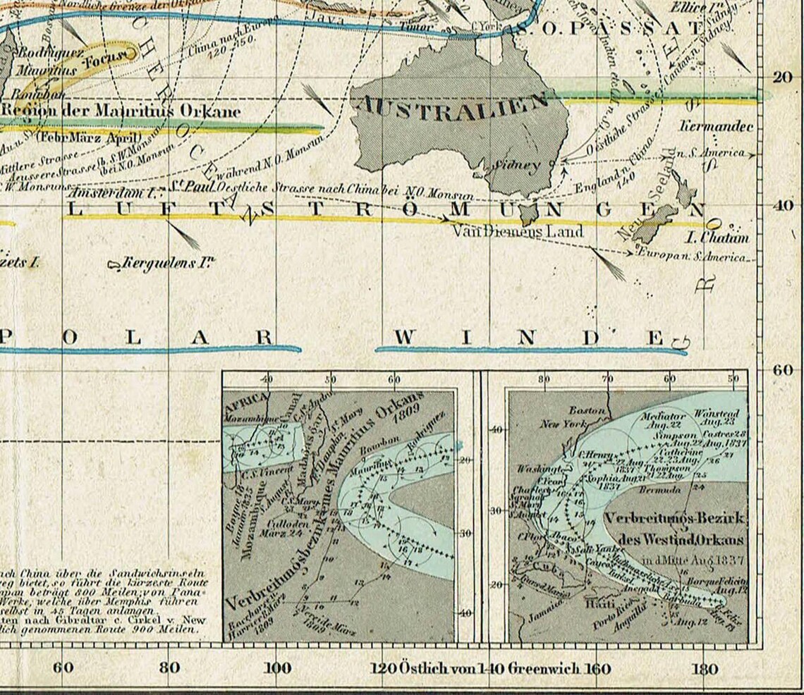 1860 EARTH WIND MAP. Antique World Map. Original 19th Century ...