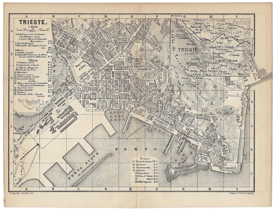 1883 TRIESTE Antique Map Vintage City Map Italian Wall Art Italy Print ...