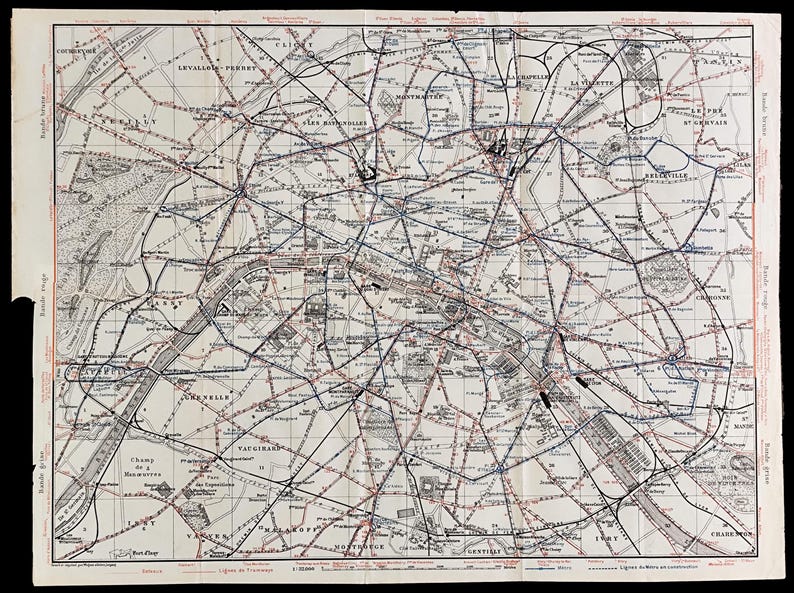 1931 Paris Metro and Tramway Network Antique City Map Vintage Paris Map ...