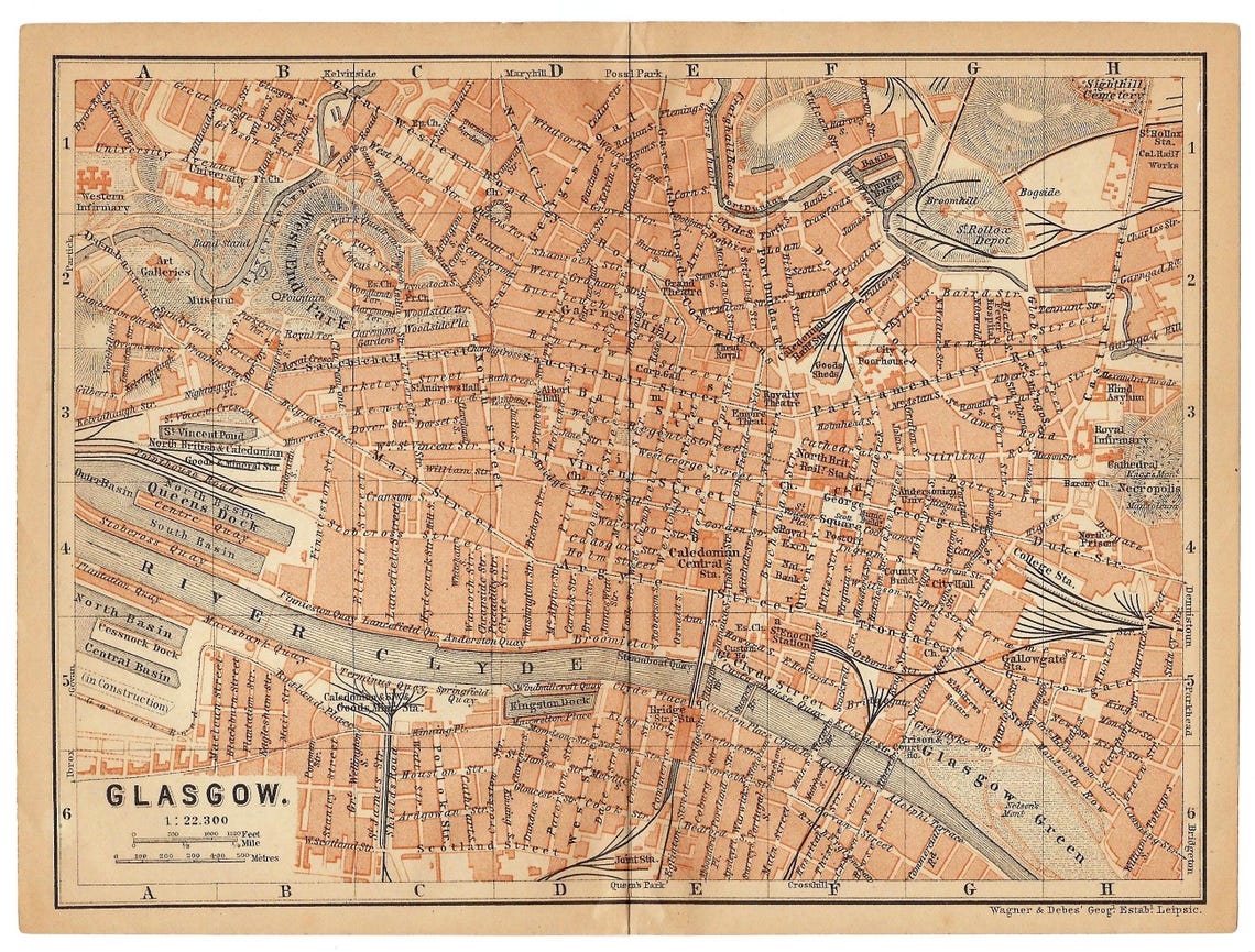 1897 Glasgow Antique City Map Street Map of Glasgow Scotland's City ...