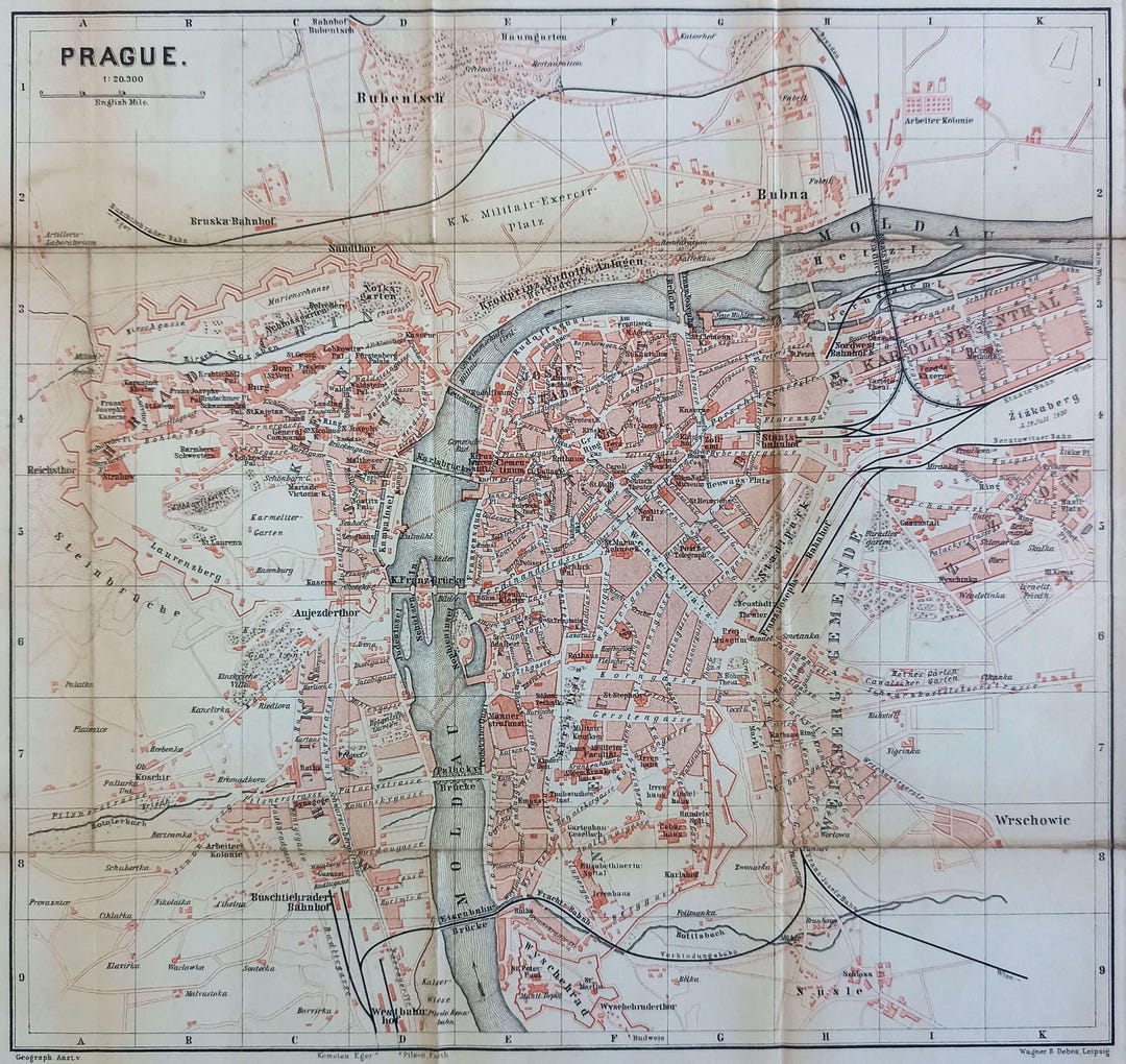 1883 - Antique PRAGUE City Map Vintage Czechoslovakia Map Austro ...