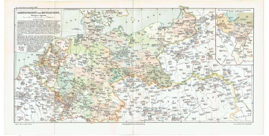 Vintage 1903 Map of Central Europe - Imperial German Army Garrisons ...